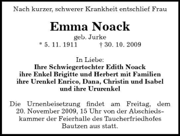 Traueranzeigen von Emma Noack | trauer-anzeigen.de