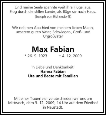 Traueranzeigen von Max Fabian | trauer-anzeigen.de