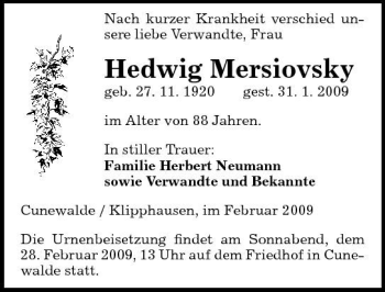 Traueranzeigen von Hedwig Mersiovsky | trauer-anzeigen.de