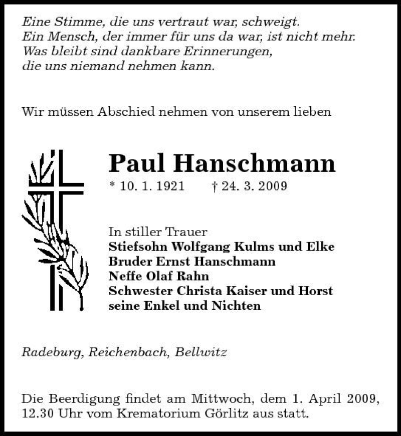 Traueranzeigen von Paul Hanschmann | trauer-anzeigen.de