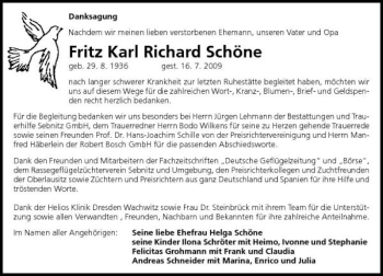 Traueranzeigen von Fritz Karl Richard Schöne | trauer-anzeigen.de