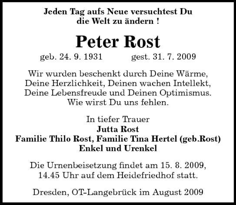 Traueranzeigen von Peter Rost | trauer-anzeigen.de