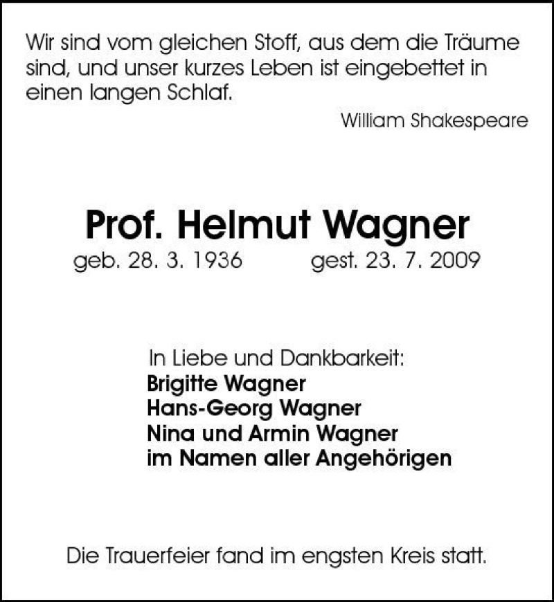 Traueranzeigen von Prof. Helmut Wagner | trauer-anzeigen.de