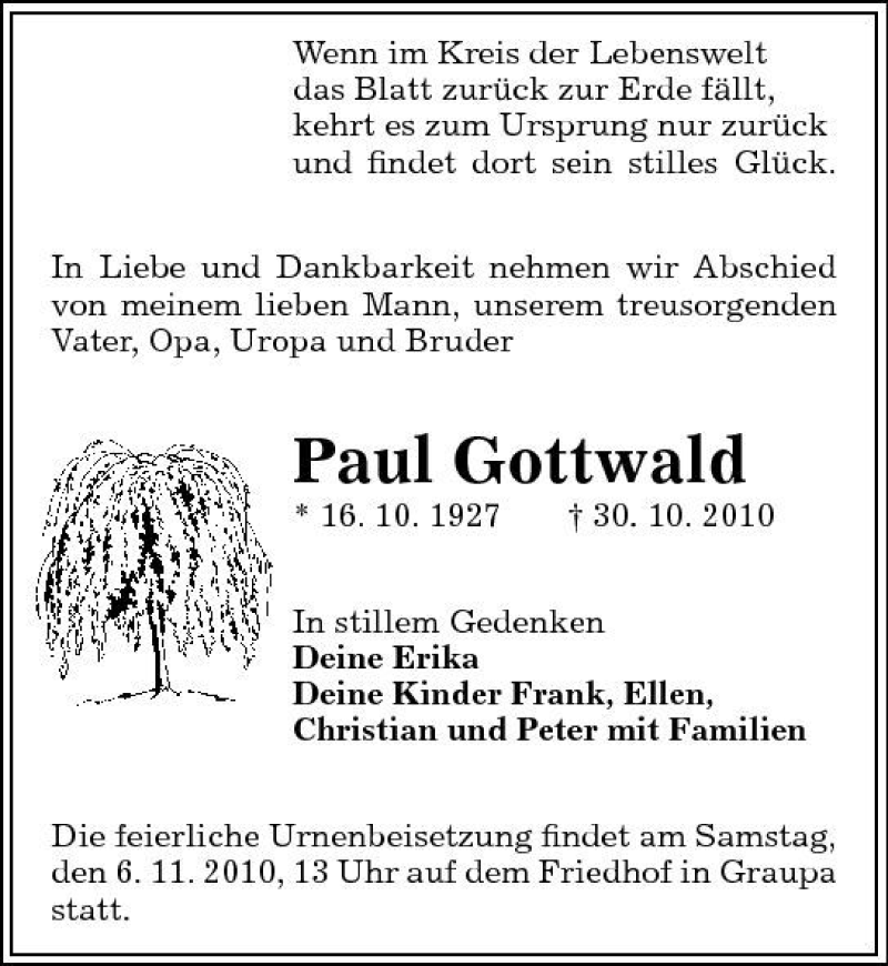 Traueranzeigen von Paul Gottwald | trauer-anzeigen.de