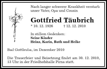 Traueranzeigen von Gottfried Täubrich | trauer-anzeigen.de