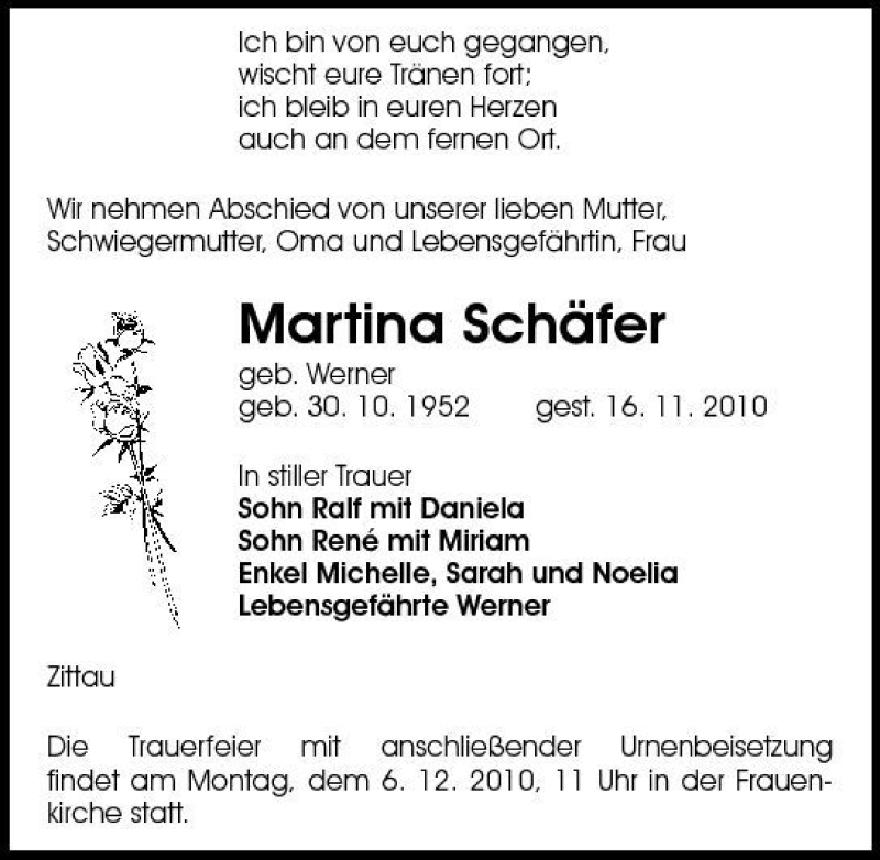 Traueranzeigen von Martina Schäfer | trauer-anzeigen.de