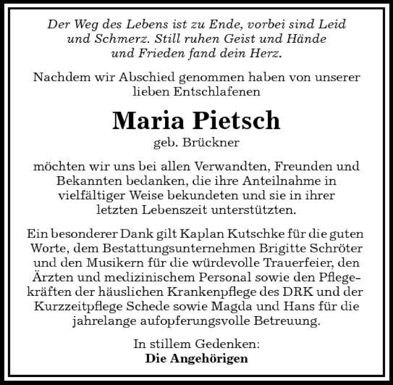 Traueranzeigen von Maria Pietsch | trauer-anzeigen.de