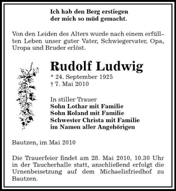Traueranzeigen von Rudolf Ludwig | trauer-anzeigen.de