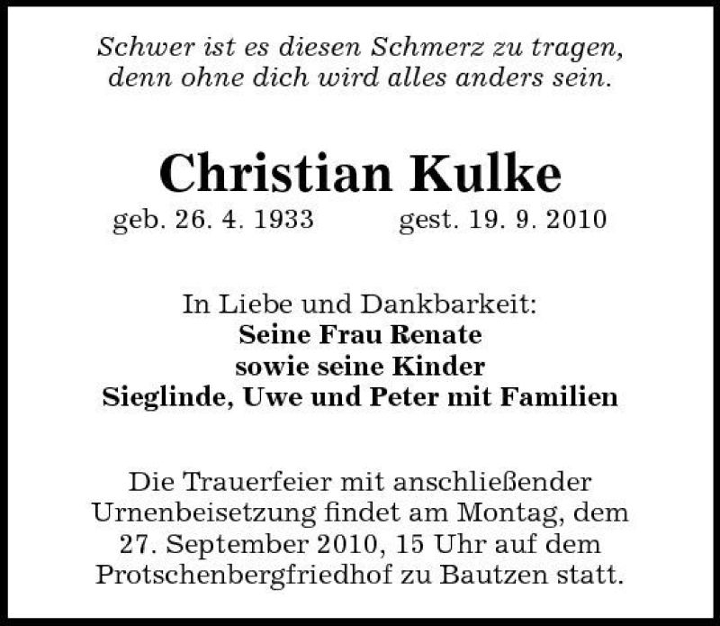 Traueranzeigen von Christian Kulke | trauer-anzeigen.de
