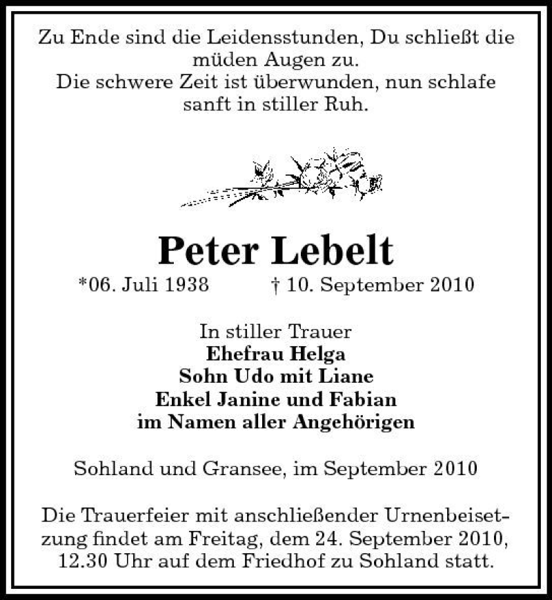 Traueranzeigen von Peter Lebelt | trauer-anzeigen.de