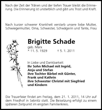 Traueranzeigen von Brigitte Schade | trauer-anzeigen.de