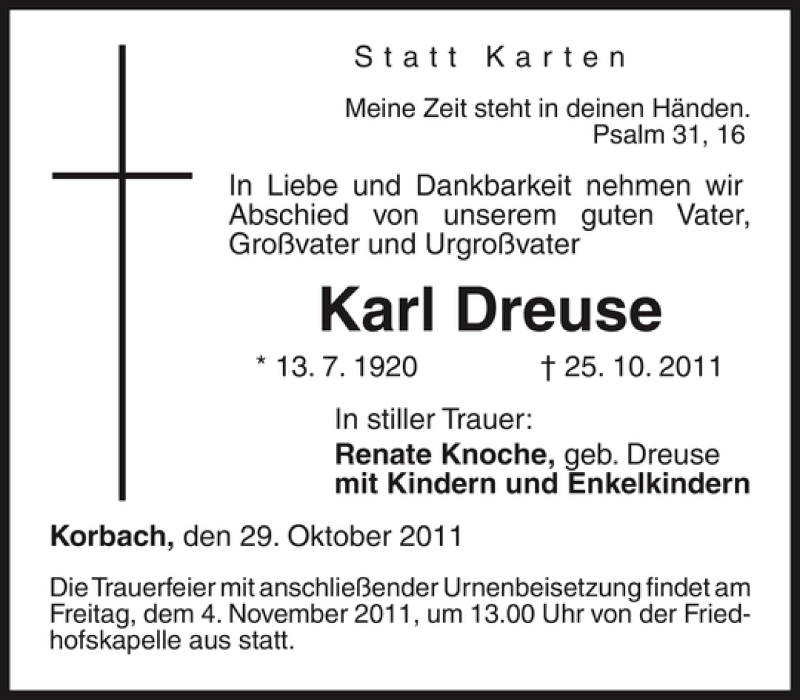 Traueranzeigen von Karl Dreuse | trauer-anzeigen.de