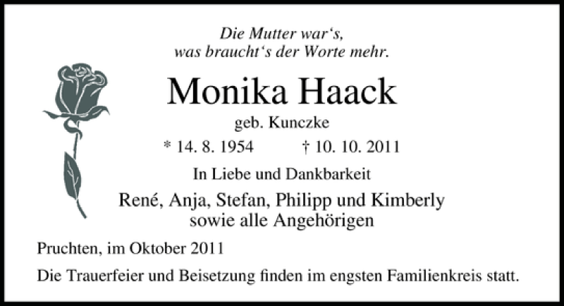 Traueranzeigen von Monika Haack | trauer-anzeigen.de