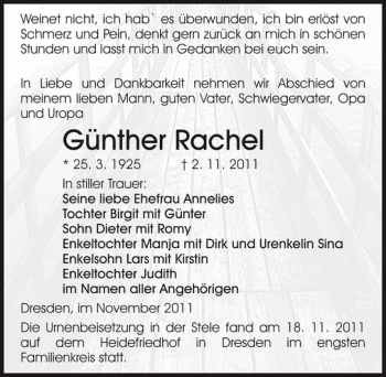 Traueranzeigen von Günther Rachel | trauer-anzeigen.de