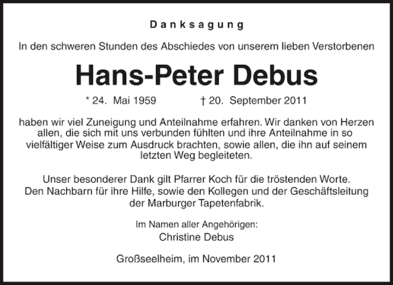 Traueranzeigen von Hans-Peter Debus | trauer-anzeigen.de