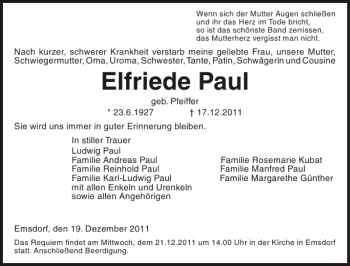 Traueranzeigen von Elfriede Paul | trauer-anzeigen.de