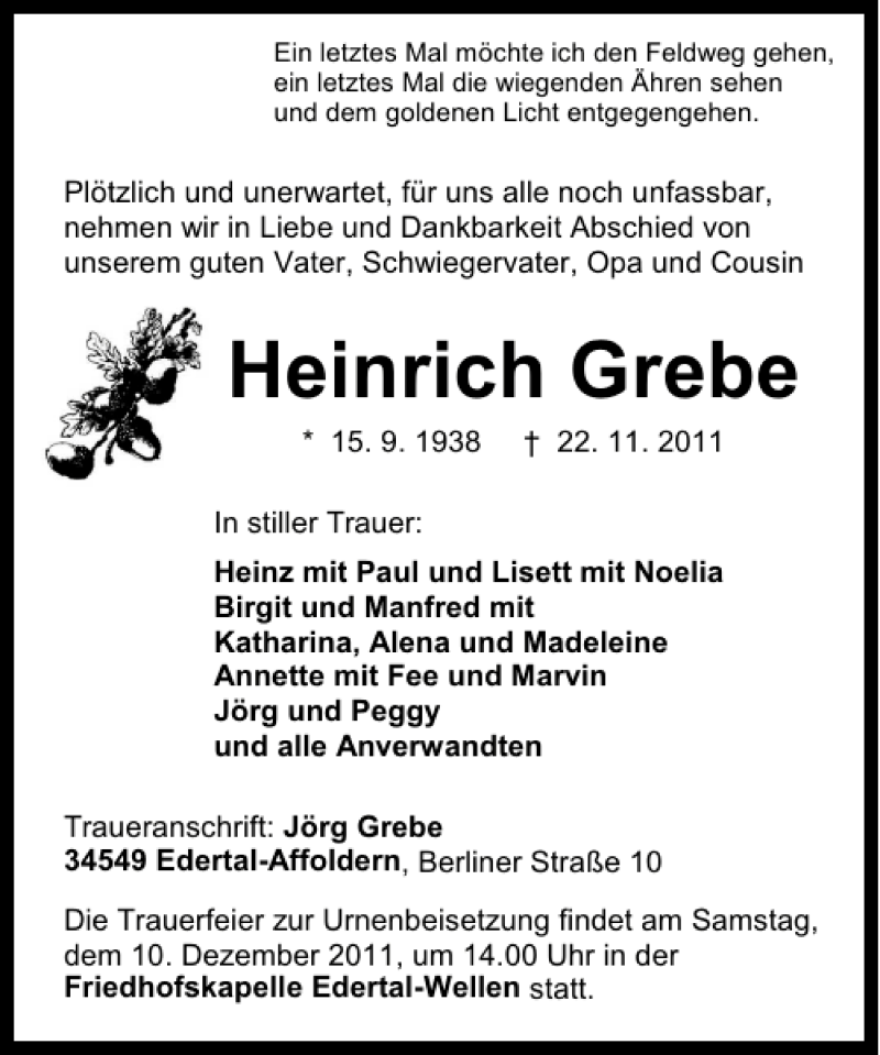 Traueranzeigen von Heinrich Grebe | trauer-anzeigen.de