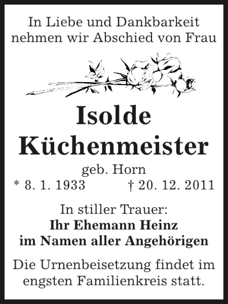 Traueranzeigen von Isolde Küchenmeister | trauer-anzeigen.de