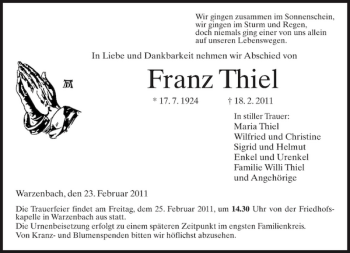 Traueranzeigen von Franz Thiel | trauer-anzeigen.de