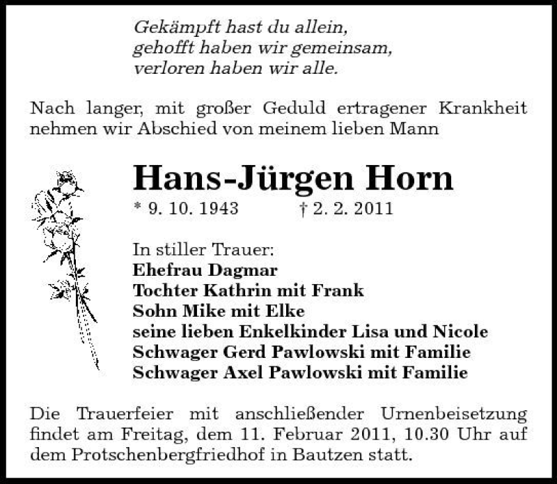 Traueranzeigen von Hans Jürgen Horn | trauer-anzeigen.de