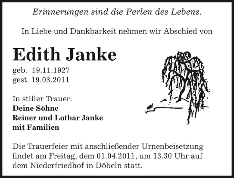 Traueranzeigen von Edith Janke | trauer-anzeigen.de