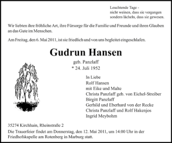 Traueranzeigen von Gudrun Hansen | trauer-anzeigen.de