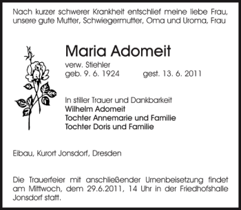 Traueranzeigen von Maria Adomeit | trauer-anzeigen.de