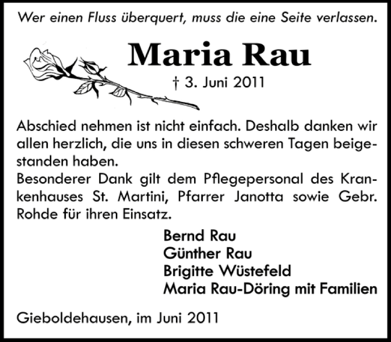Traueranzeigen von Maria Rau | trauer-anzeigen.de