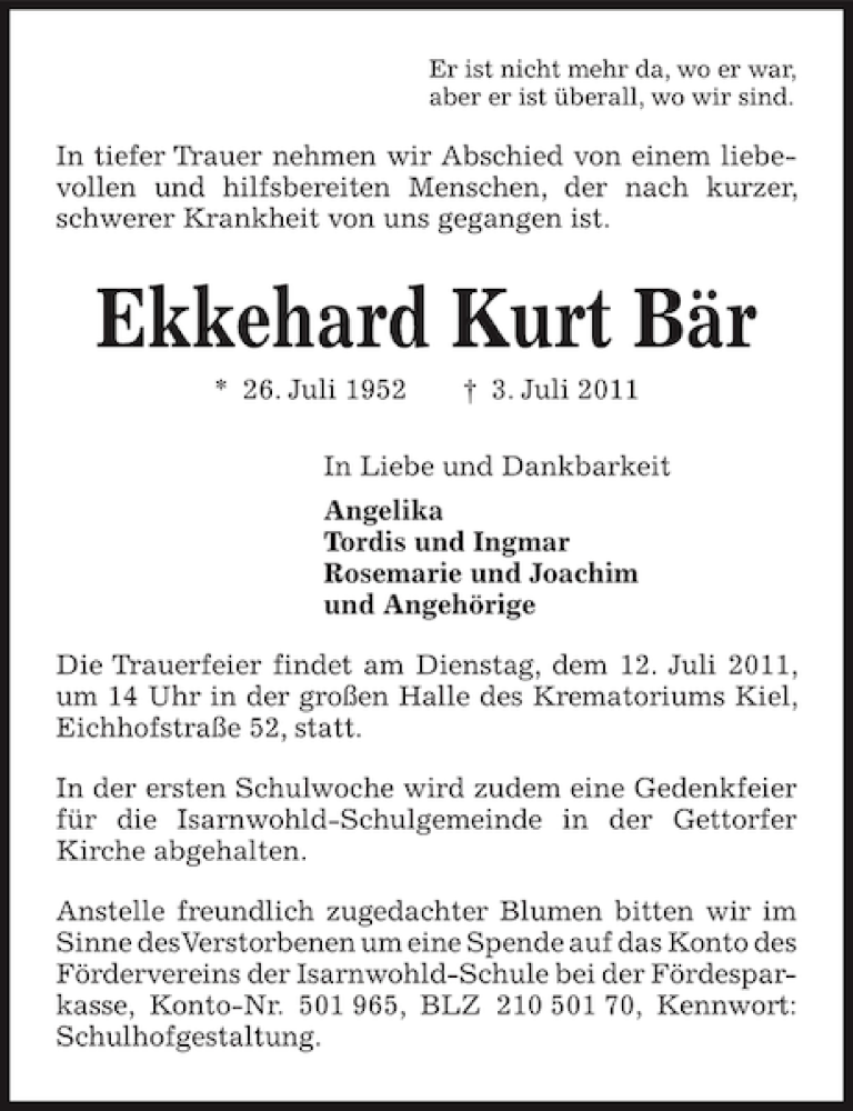 Traueranzeigen von Ekkehard Kurt Bär | trauer-anzeigen.de