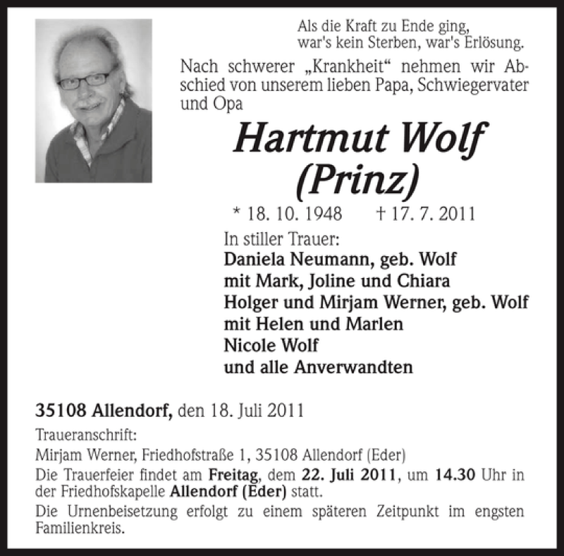 Traueranzeigen von Hartmut Wolf Prinz | trauer-anzeigen.de