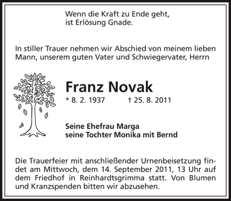 Traueranzeigen von Franz Novak | trauer-anzeigen.de