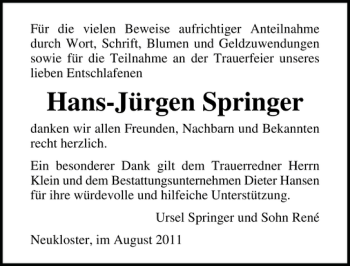 Traueranzeigen von Hans-Jürgen Springer | trauer-anzeigen.de