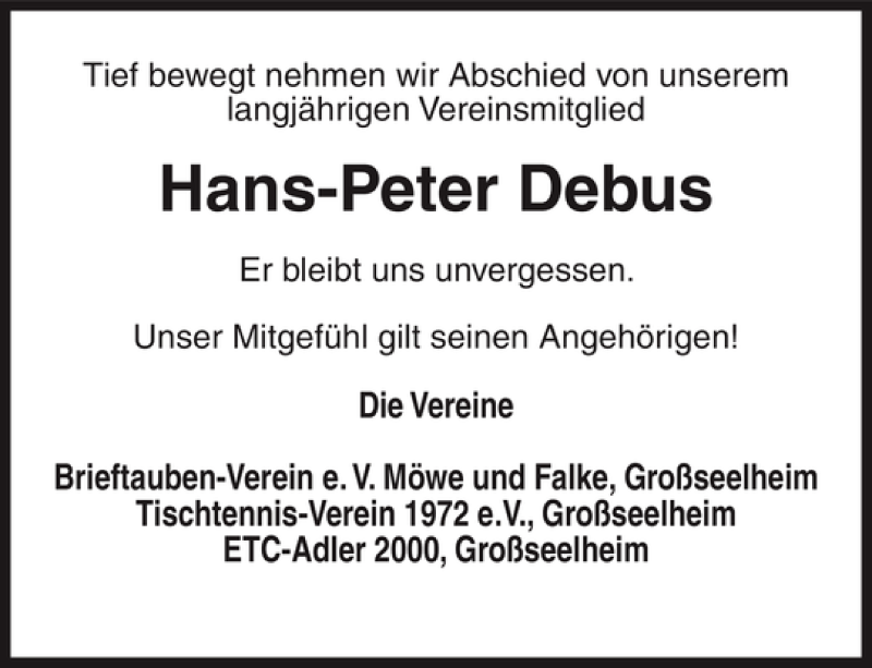 Traueranzeigen von Hans-Peter Debus | trauer-anzeigen.de