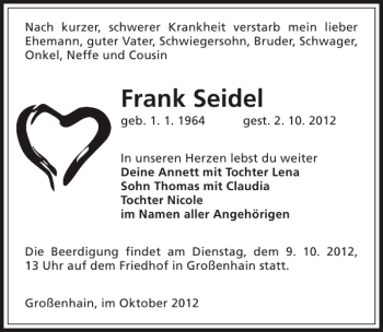 Traueranzeigen von Frank Seidel | trauer-anzeigen.de