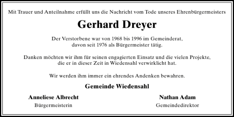 Traueranzeigen von Gerhard Dreyer | trauer-anzeigen.de