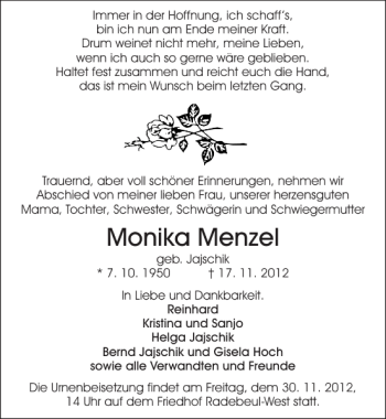 Traueranzeigen von Monika Menzel | trauer-anzeigen.de