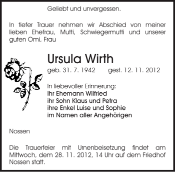 Traueranzeigen von Ursula Wirth | trauer-anzeigen.de