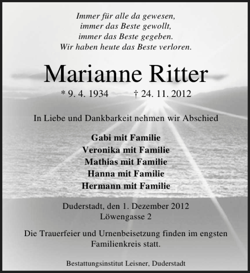 Traueranzeigen von Marianne Ritter | trauer-anzeigen.de
