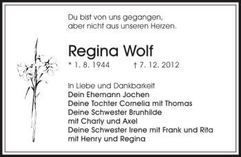 Traueranzeigen von Regina Wolf | trauer-anzeigen.de