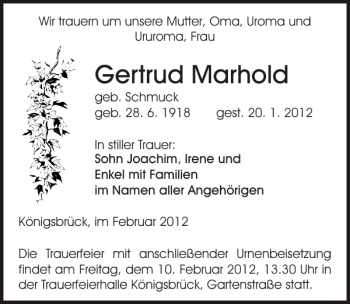 Traueranzeigen von Gertrud Marhold | trauer-anzeigen.de