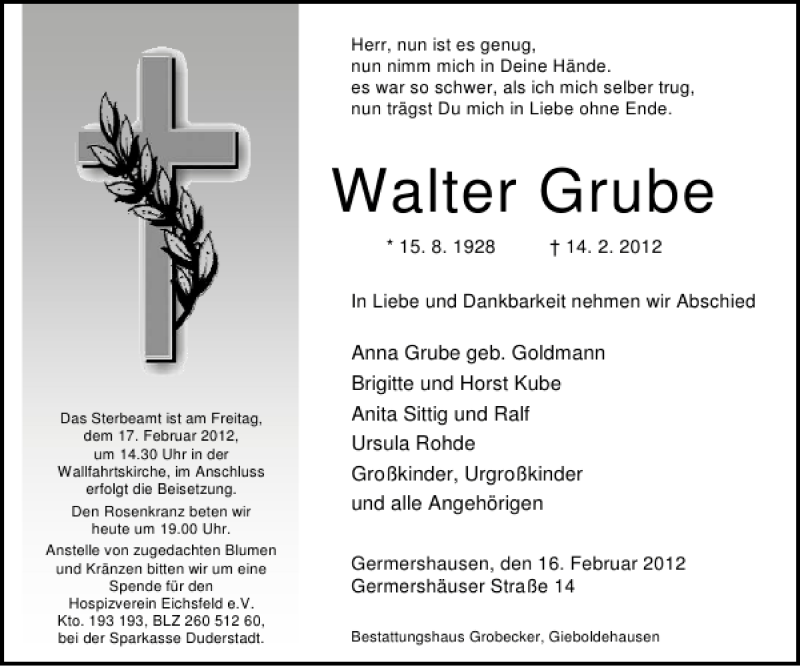 Traueranzeigen von Walter Grube | trauer-anzeigen.de