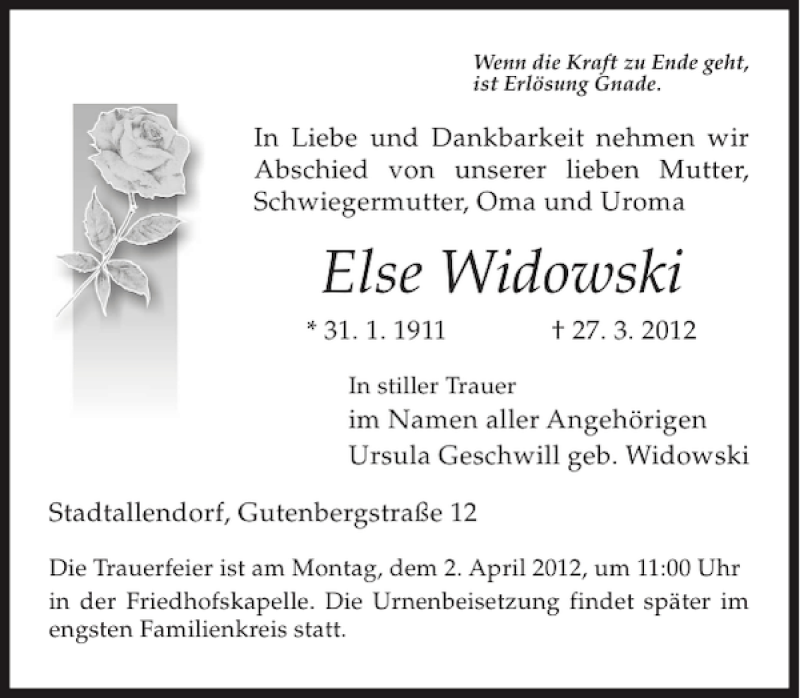 Traueranzeigen von Else Widowski | trauer-anzeigen.de