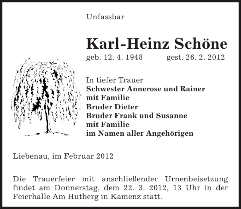 Traueranzeigen von Karl-Heinz Schöne | trauer-anzeigen.de