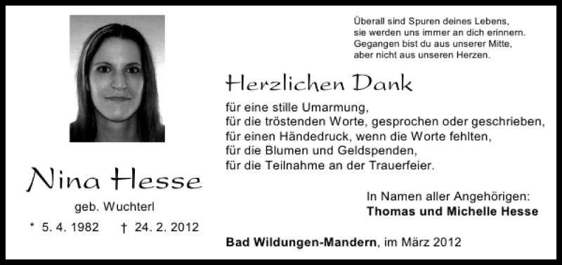 Traueranzeigen von Nina Hesse | trauer-anzeigen.de