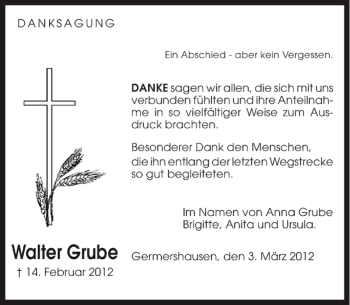 Traueranzeigen von Walter Grube | trauer-anzeigen.de
