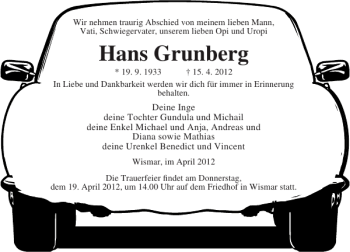 Traueranzeigen von Hans Grunberg | trauer-anzeigen.de