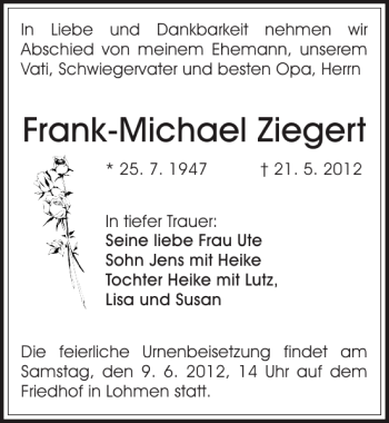 Traueranzeigen von Frank-Michael Ziegert | trauer-anzeigen.de