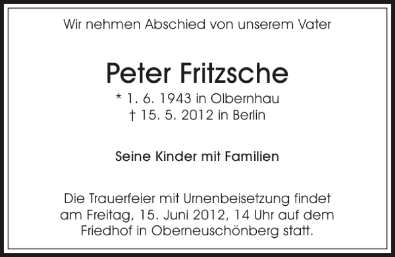 Traueranzeigen von Peter Fritzsche | trauer-anzeigen.de