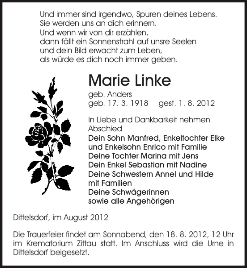 Traueranzeigen von Marie Linke | trauer-anzeigen.de