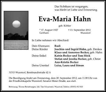 Traueranzeigen von Eva-Maria Hahn | trauer-anzeigen.de